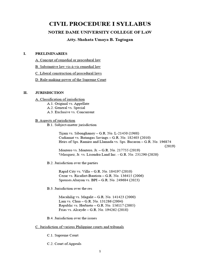 CIV PRO SYLLABUS | PDF | Government Institutions | Legal Procedure