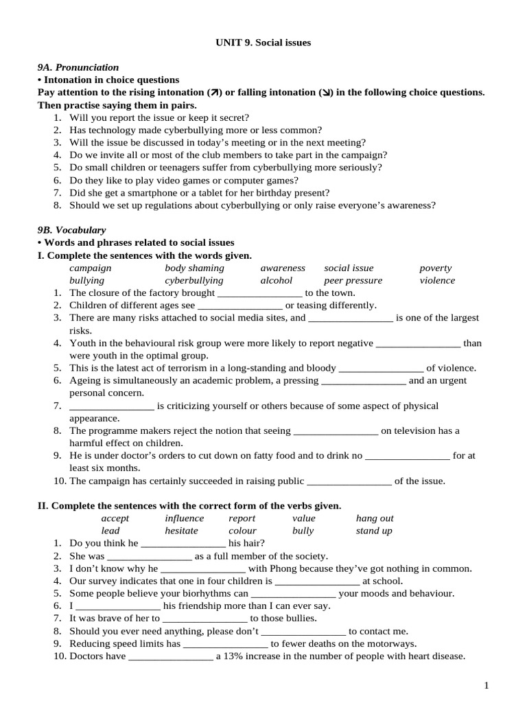 BÀI TẬP GLOBAL LỚP 11 UNIT 9. Social issues.doc | PDF | Cyberbullying | Bullying