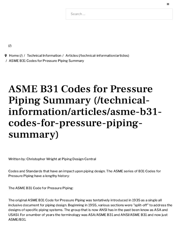ASME B31 Codes For Pressure Piping Summary | PDF | Process Engineering ...