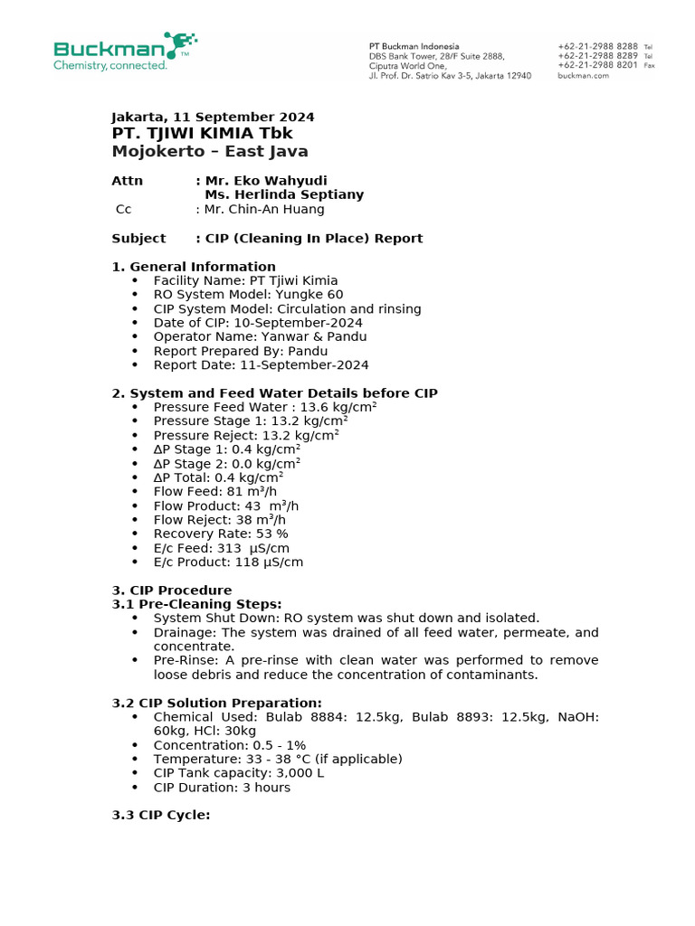 CIP Report RO Yungke60-11 Sep 2024 | PDF | Membrane | Environmental ...
