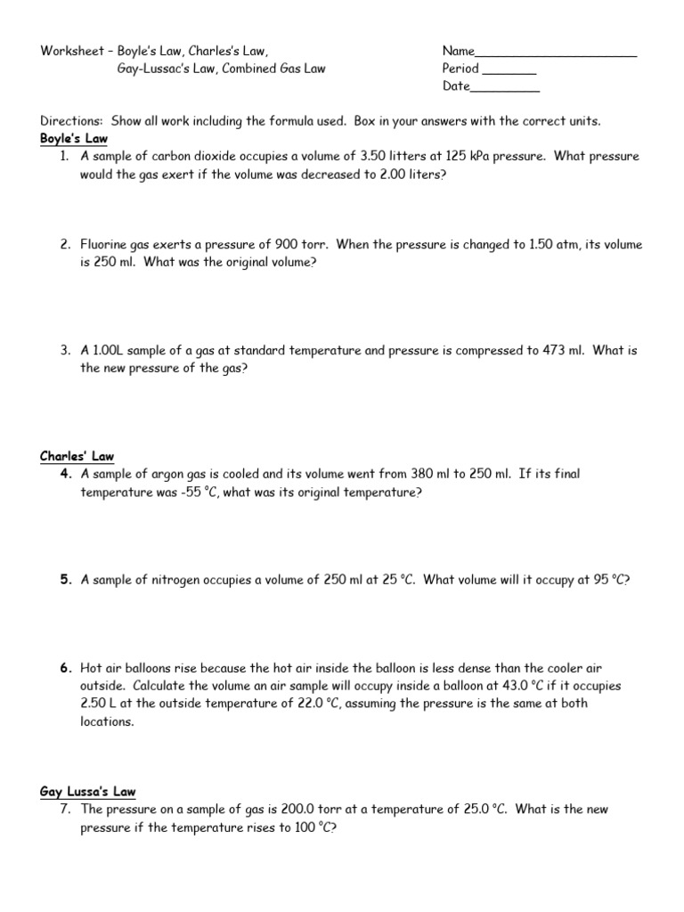 Gas Laws Worksheet with Calculations | PDF | Gases | Pressure