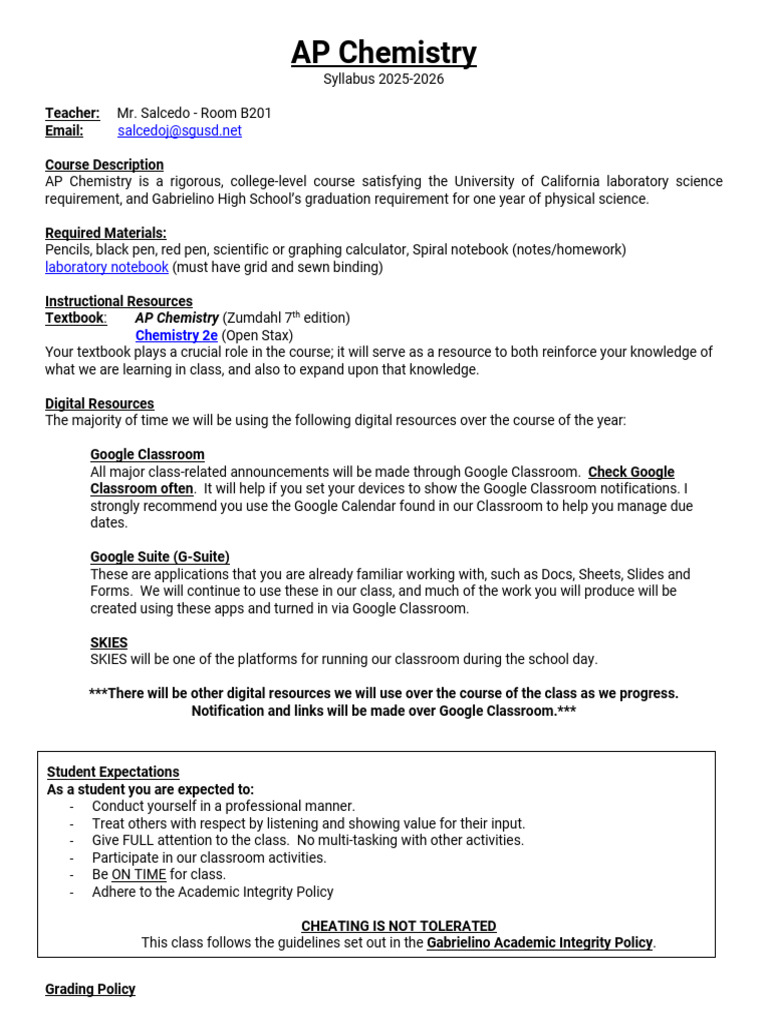 AP Chemistry Syllabus 2025-2026 | PDF | Chemical Equilibrium ...