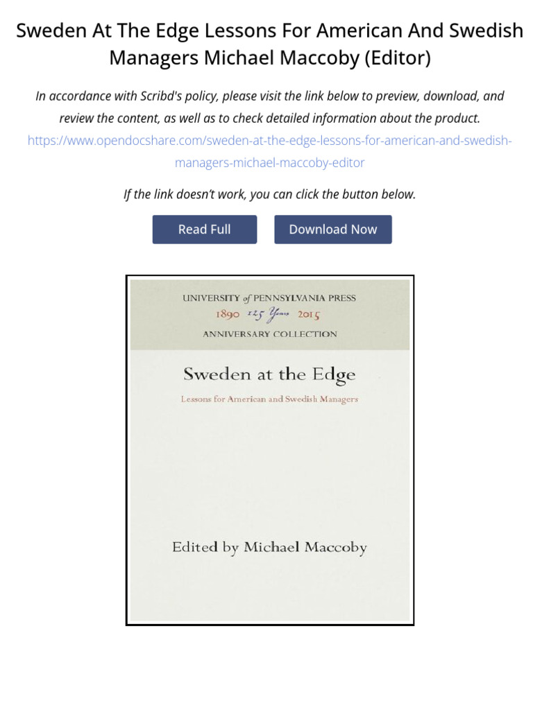 Sweden at the Edge Lessons for American and Swedish Managers Michael ...
