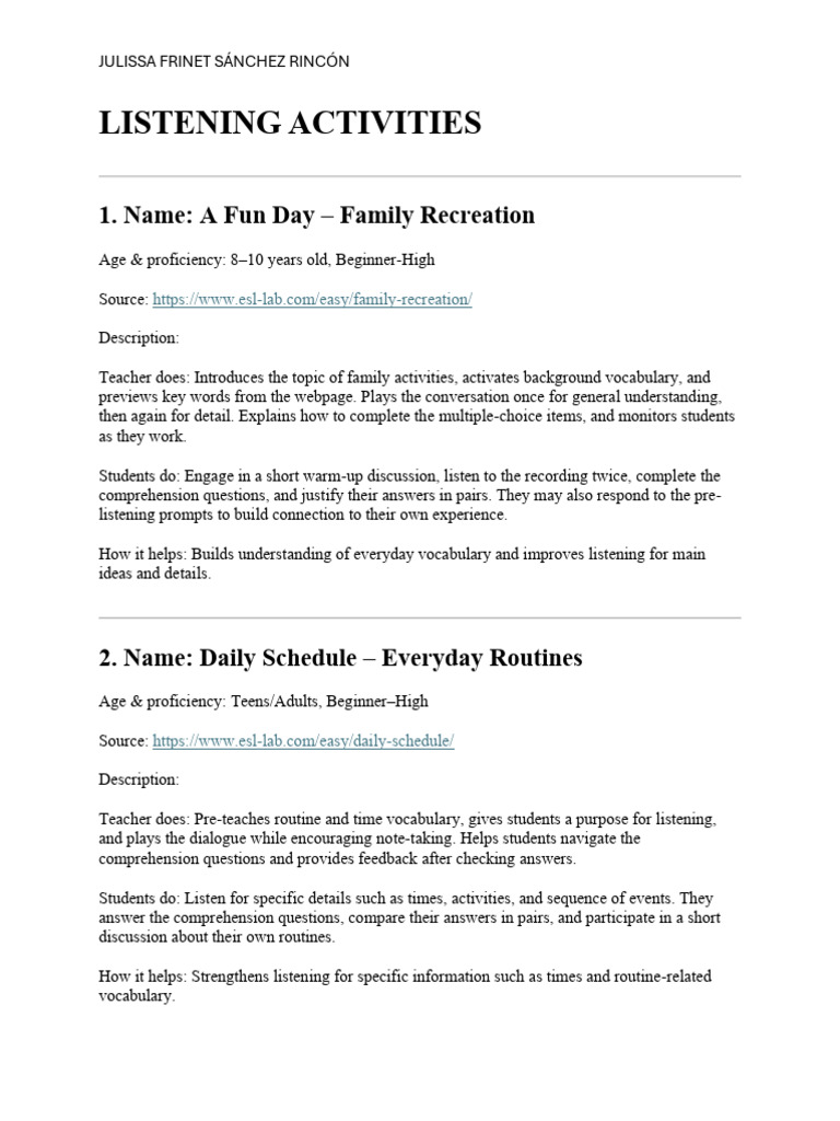 Engaging Listening Activities for ESL | PDF | Reading Comprehension ...