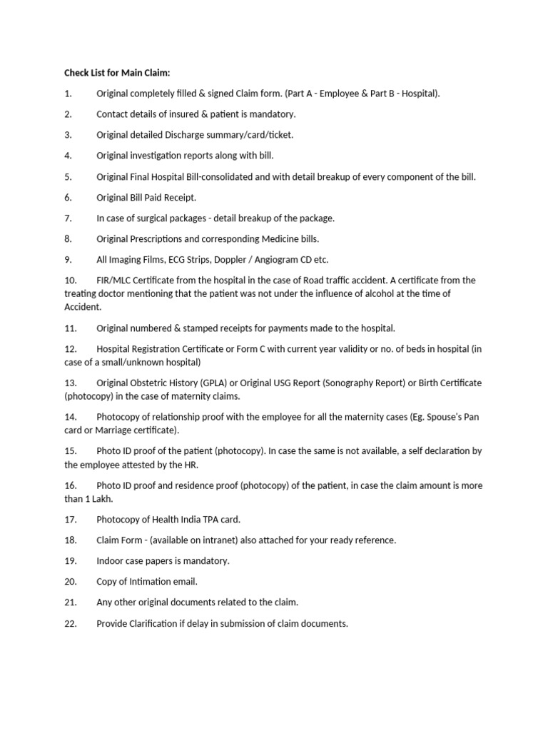 Check List of Claim Documents | PDF