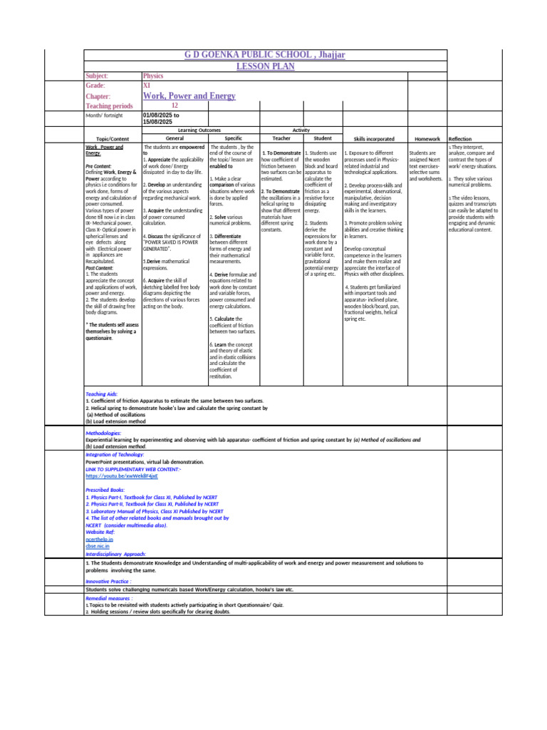 Physics Lesson Plan: Work, Power, Energy | PDF | Force | Friction