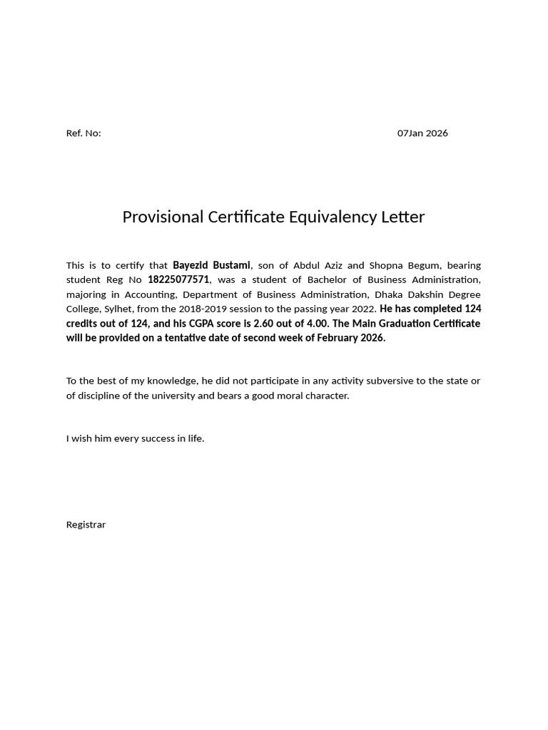 Provisional Certificate Equivalency Letter | PDF