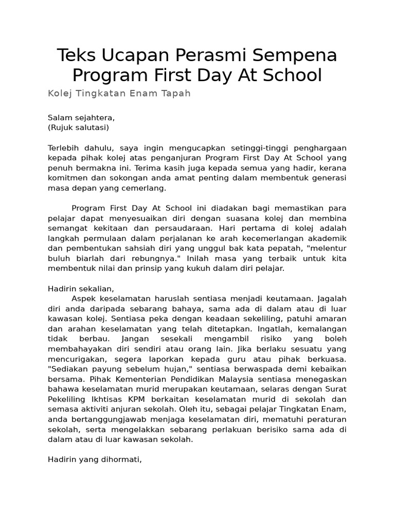 Ucapan Perasmian Program First Day At School | PDF