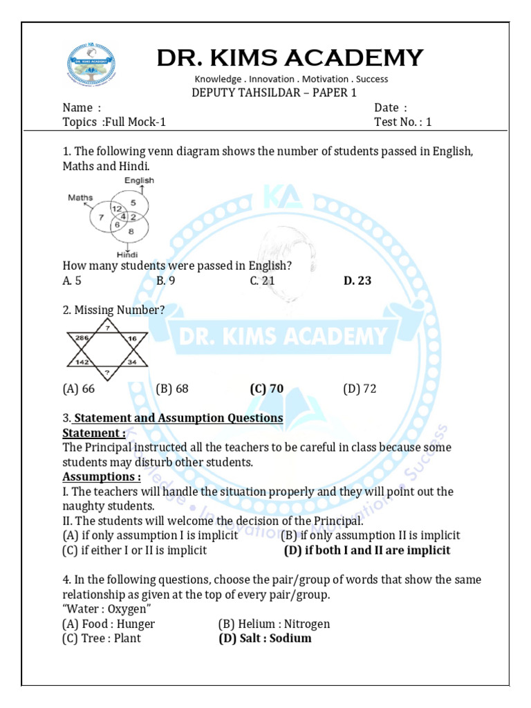 1. Full Mock - Paper 1 - Answer Key | PDF | Reason