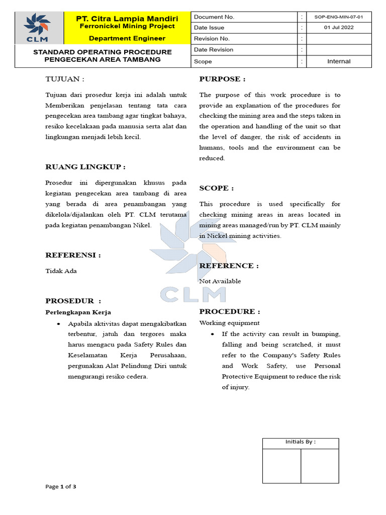 SOP-ENG-MIN-07-01 PENGECEKAN AREA TAMBANG | PDF | Labor Relations ...