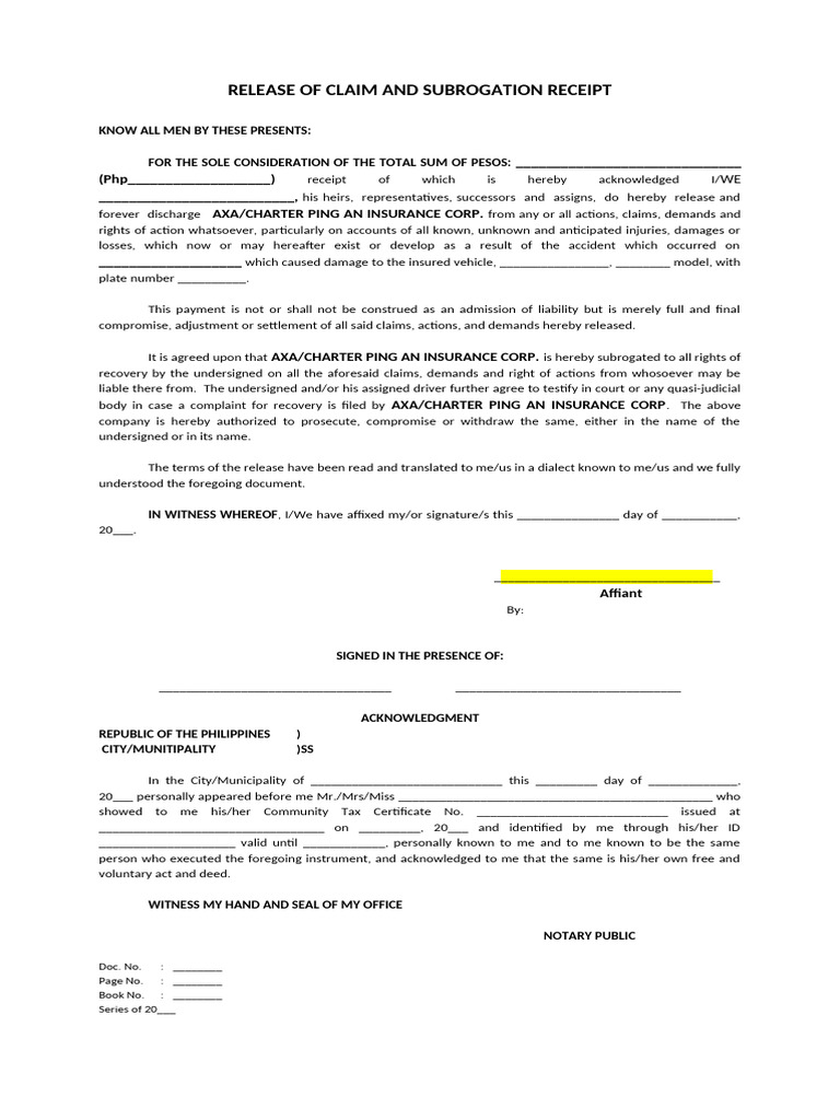 RELEASE_OF_CLAIM_AND_SUBROGATION_RECEIPT_ | PDF | Private Law | Common Law