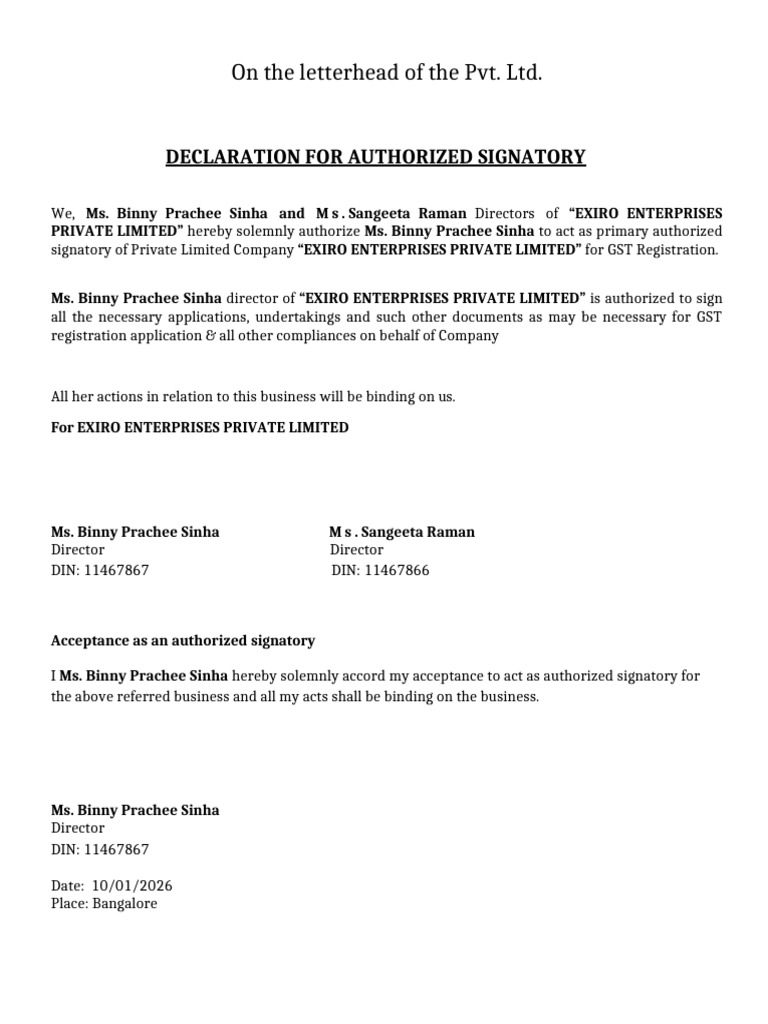Authorized Signatory Declaration for GST | PDF