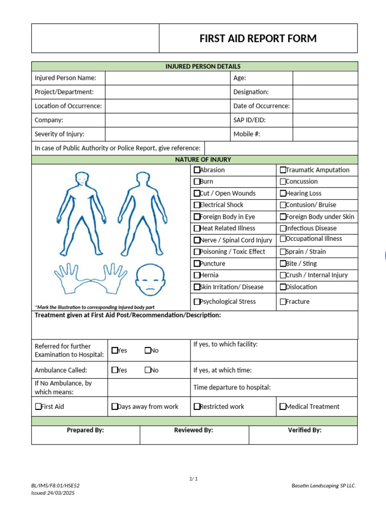 BL_IMS_F8.01_HSE52 - First Aid Notification Report | PDF | First Aid ...