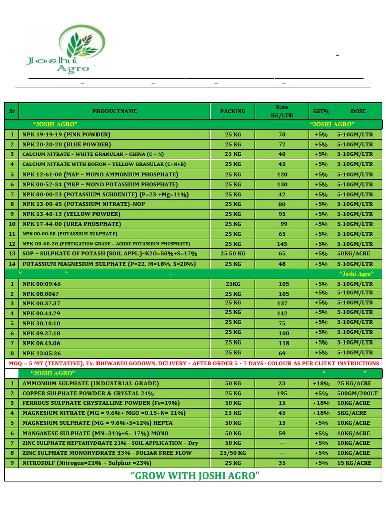 Joshi Agro Price List (1) (1) (1) | PDF | Chelation | Chemical Substances