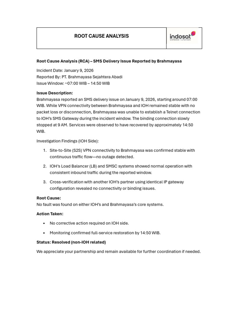RCA: SMS Delivery Issue - Brahmayasa | PDF