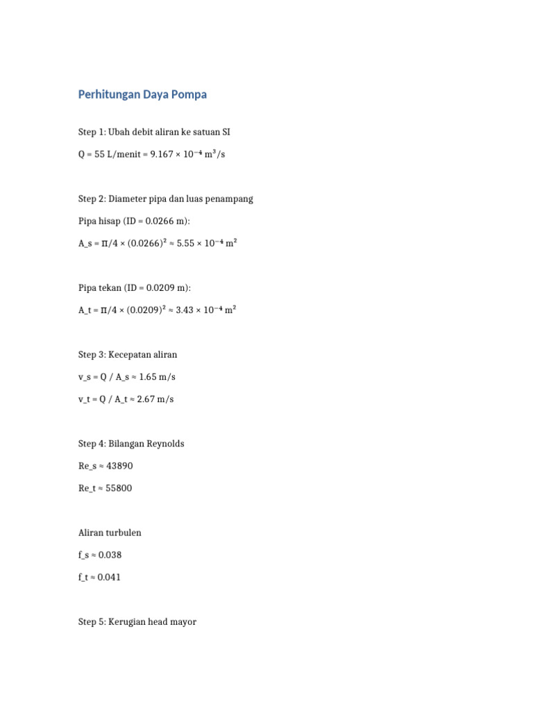 Perhitungan Daya Pompa dan Head Total | PDF