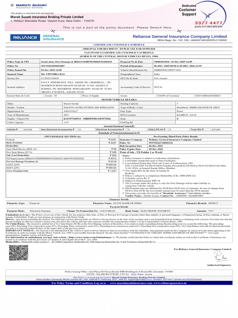 Mr. UPENDRA DAS Maruti Suzuki Insurance | PDF