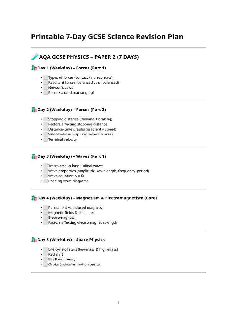 7-Day GCSE Science Revision Guide | PDF | Waves | Force
