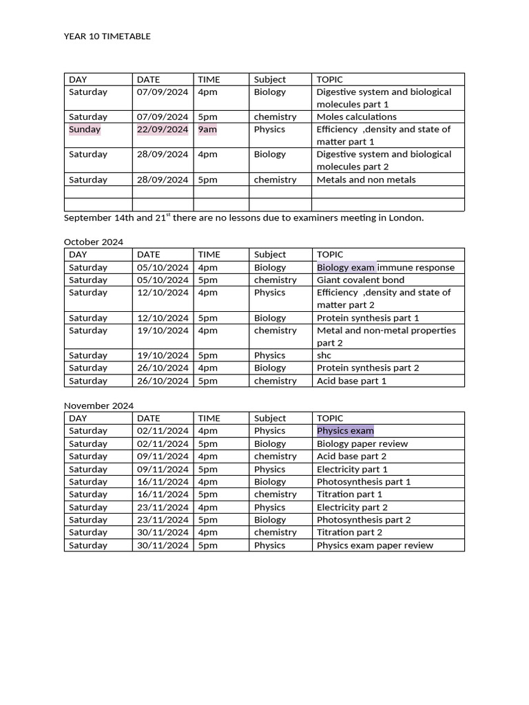 Year 10 Timetable 2024 and 2025 | PDF | Chemistry | Biology