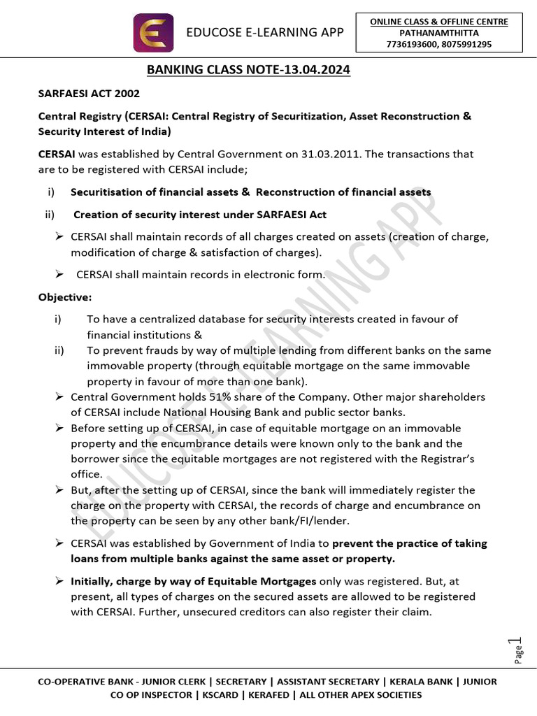 Jci 13.04.2024 Banking (Sarfaesi Act .....Ravi Sir 7pm) | PDF | Security Interest | Insurance
