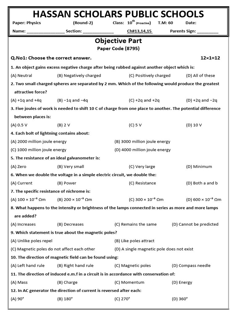 Physics Class 10th Proactive Round 2 | PDF | Magnetic Field | Electric Field