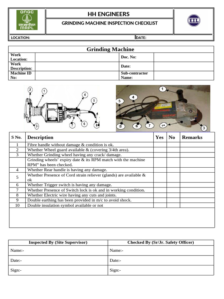HH Engineers Grinder Inspection Checklist | PDF