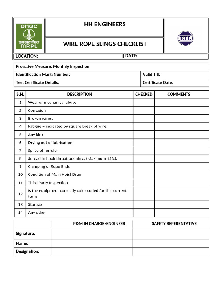 Wire Rope Slings Inspection Checklist | PDF