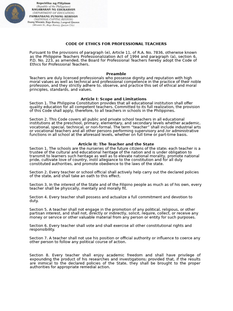 Philippines Code of Ethics Fo Professional Teachers (1) | PDF ...