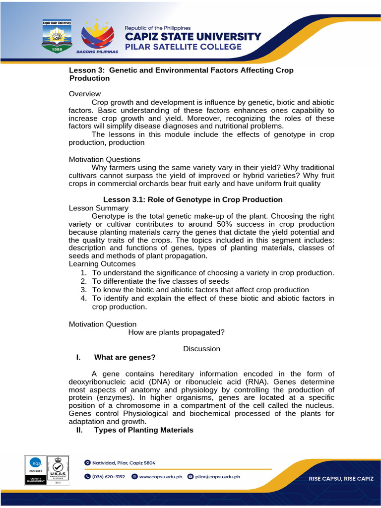 Lesson 3 Genetic and Environmental Factors Affecting Crop Production ...