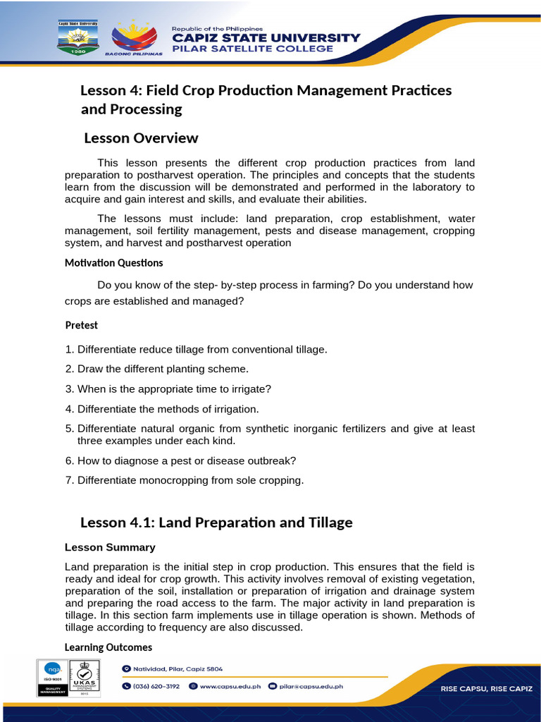 Lesson 4 Field Crop Production Management Practices and Processing | PDF | Tillage | Plough