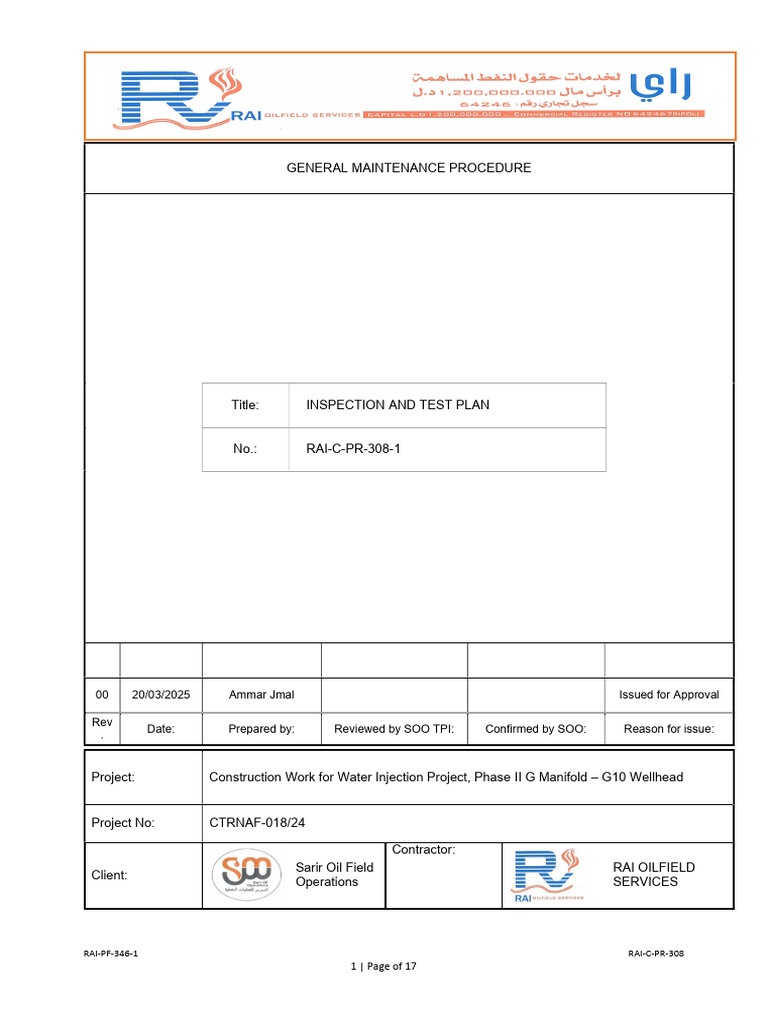 Inspection and Test Plan for Water Injection Project | PDF | Pipe ...
