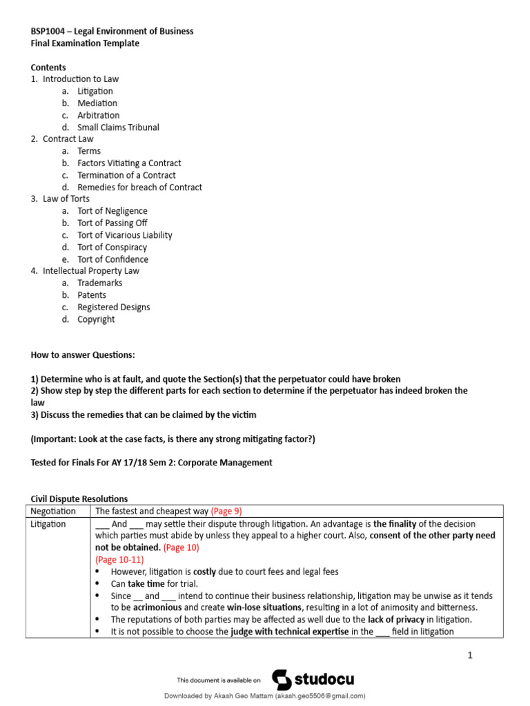Bsp1702 Cheat Sheet Summary Legal Environment of Business | PDF ...