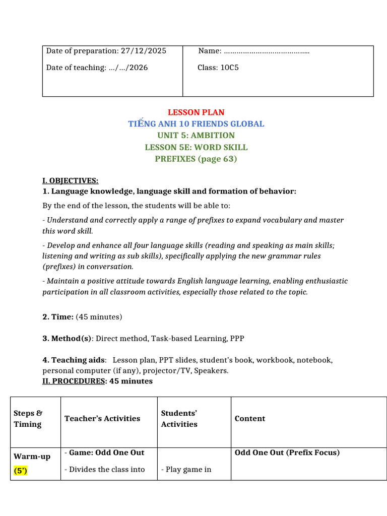 Unit 5E Word Skills G10 | PDF | Lesson Plan | Teachers