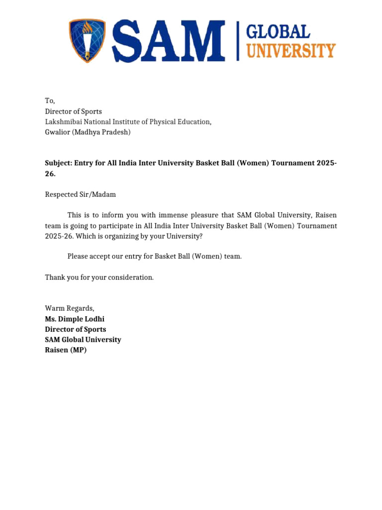 Entry Letter for Basket Ball | PDF