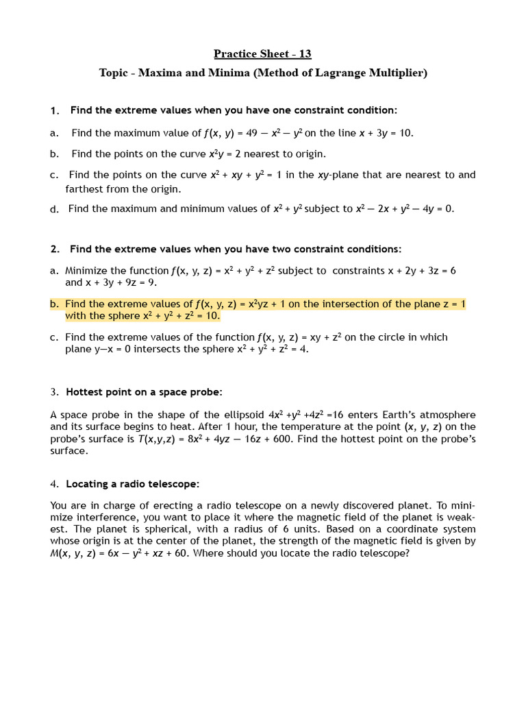 Practice Sheet 13 Method of Lagrange Multiplier | PDF