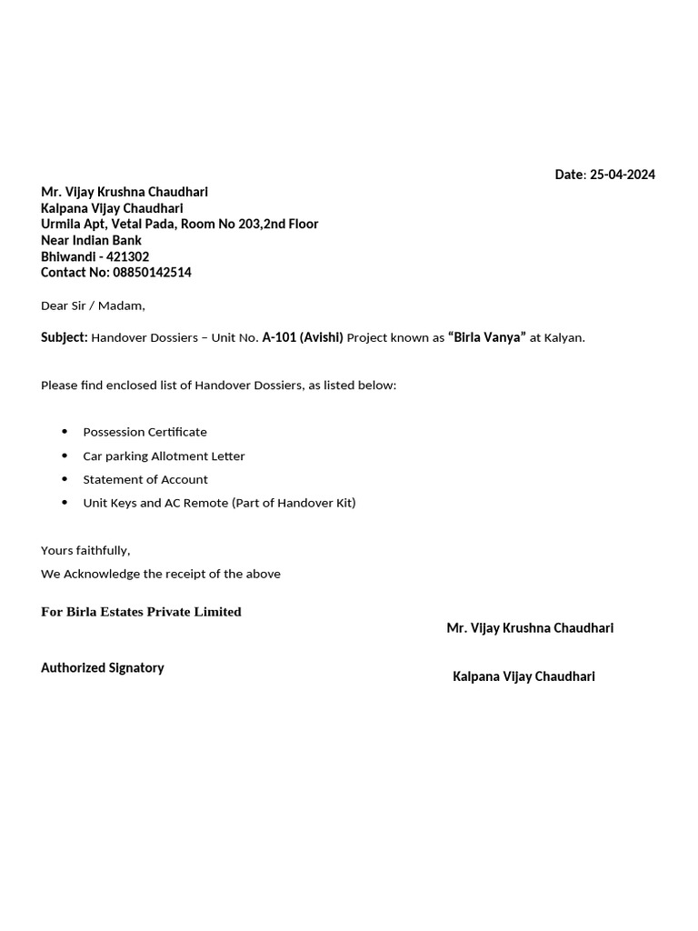 Covering Letter - A101 | PDF