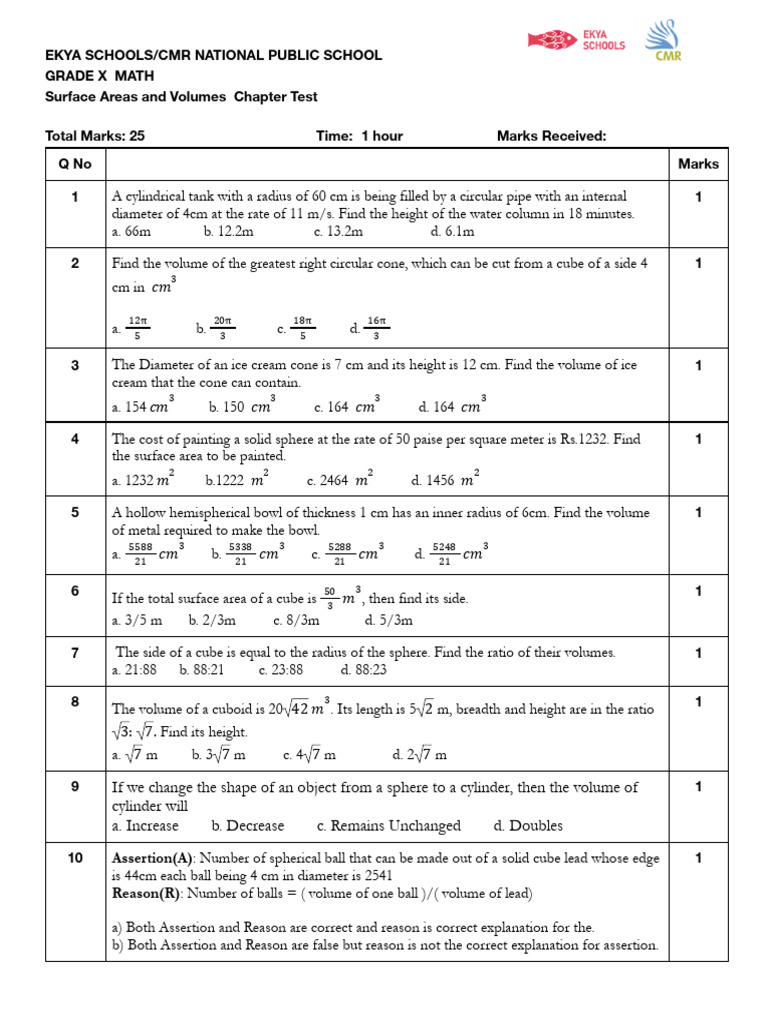Grade X Surface Areas and Volumes Chapter Test 1 | PDF | Sphere | Volume
