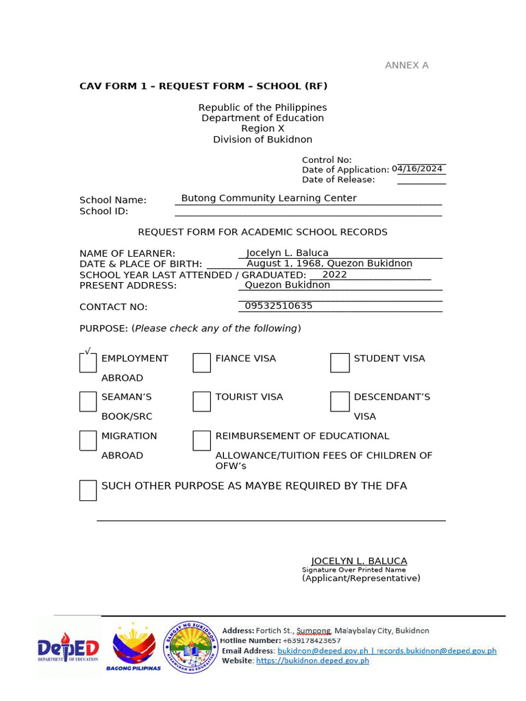 Cav-Form-1 (Request Form – School) | PDF