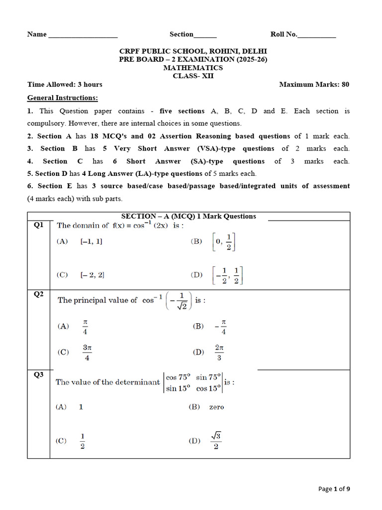 (Pb) Class Xii Mathematics Pre-board-2 2025-26 (Crpf Public School ...