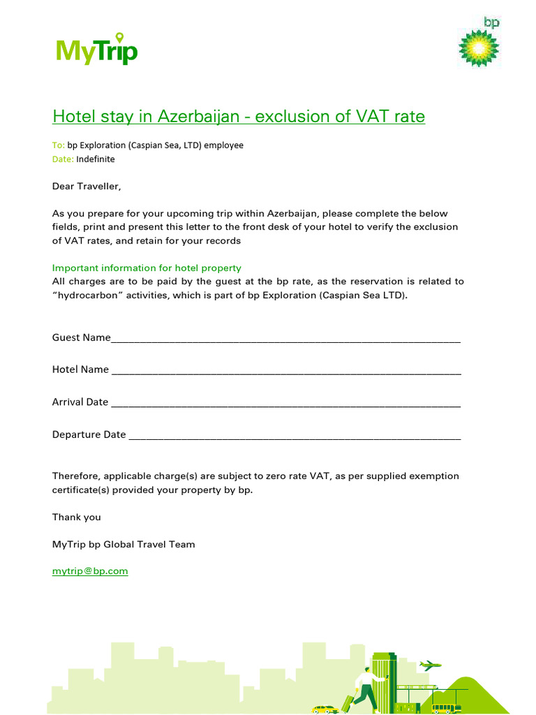 Hotel VAT Exemption Letter for BP Employees | PDF