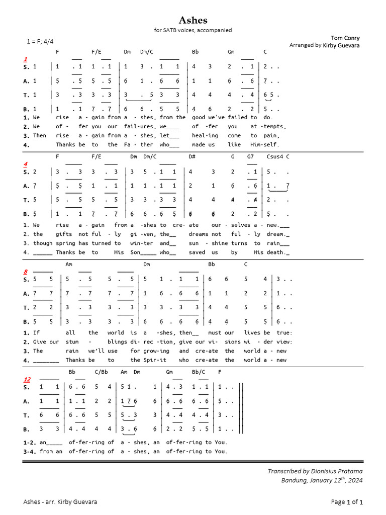 Ashes (SATB) - Tom Conry Arr. Kirby Guevara | PDF