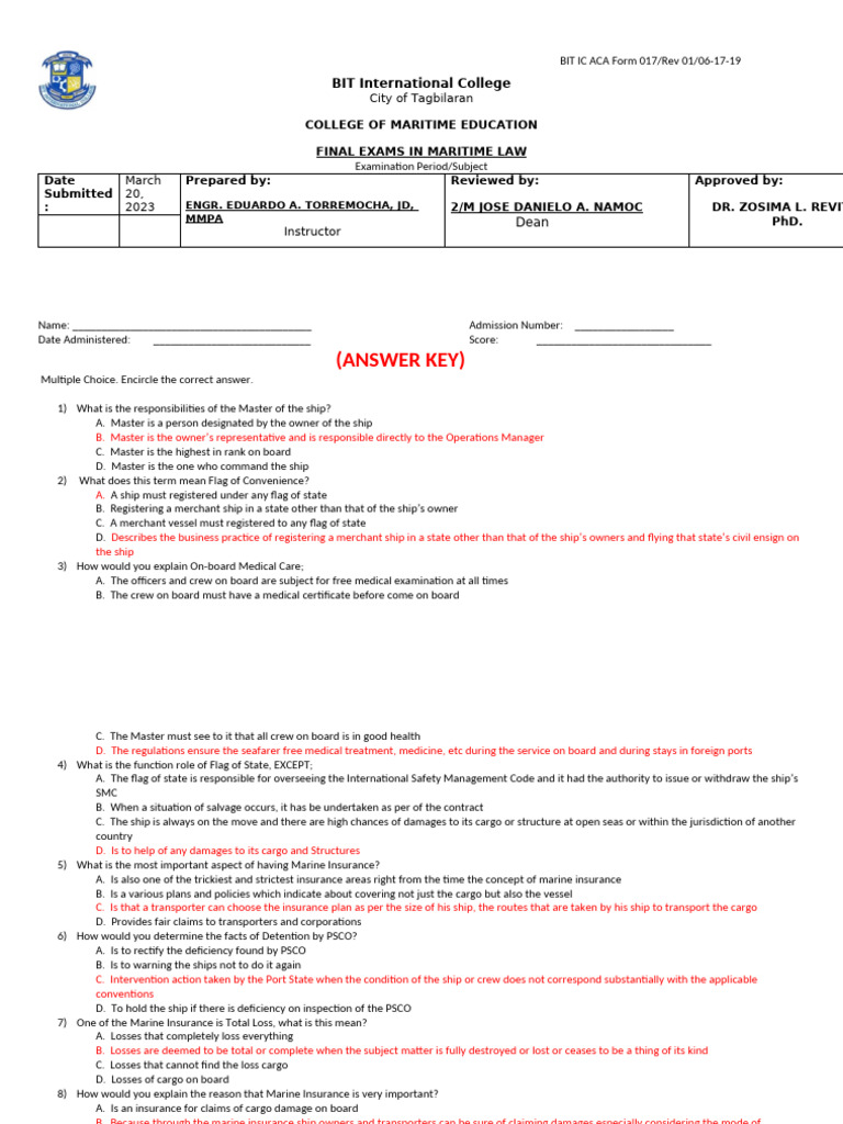 Maritime Law Final Exam Questions | PDF | Sea Captain | Water Transport