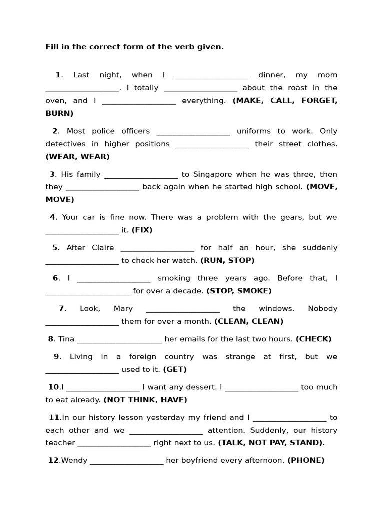 Fill in the Correct Verb Forms Exercise | PDF
