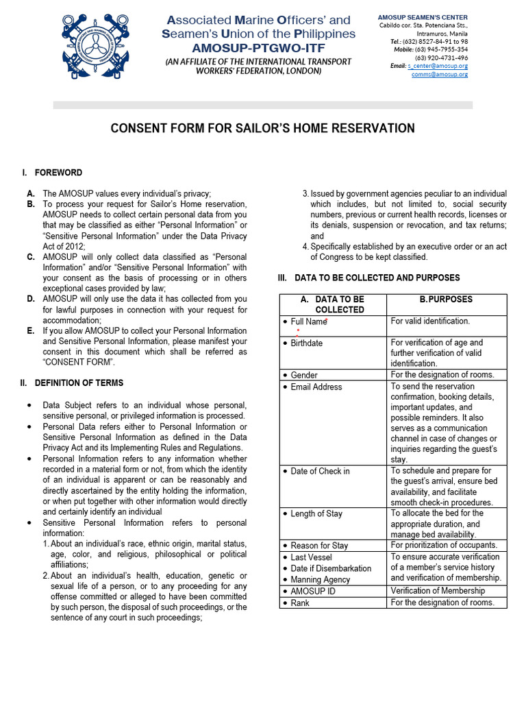 AMOSUP Sailor's Home Reservation Consent | PDF | Privacy | Justice