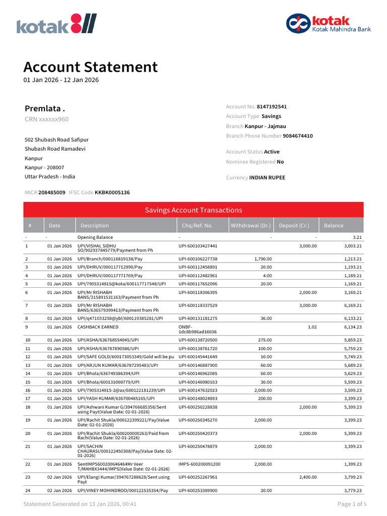 Savings Account Statement: Jan 2026 | PDF | Transaction Account | Banks