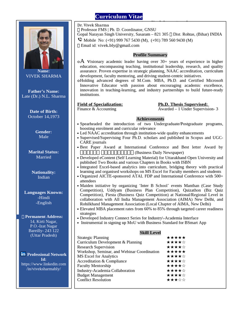 Professor Vivek Sharma's CV Summary | PDF | Master Of Business ...