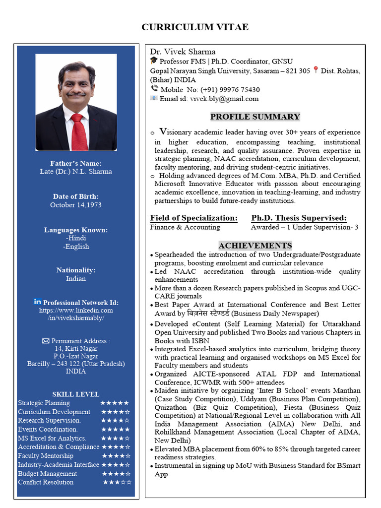 Dr. Vivek Sharma's Academic CV | PDF | Master Of Business ...