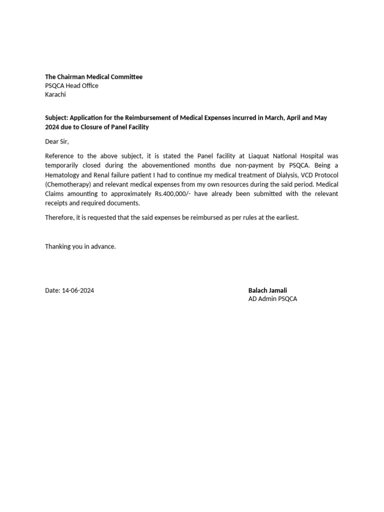 Application for Reimbursement of Medical Expenses - Balach Jamali | PDF