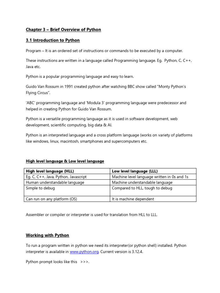Notes - Chapter 3 - Brief Overview of Python - For Print | PDF ...