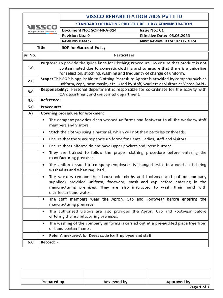 SOP for Clothing Procedures at Vissco | PDF | Clothing | Shirt